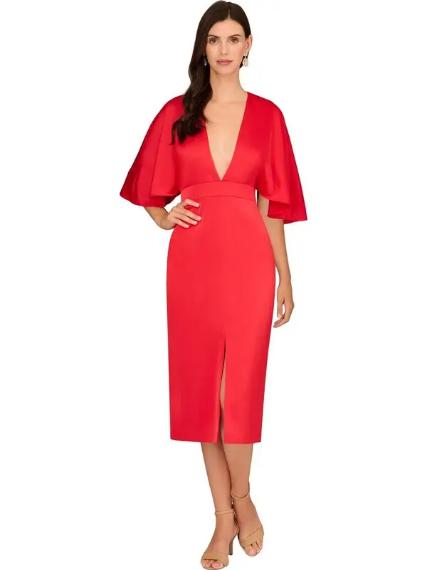 Aidan Mattox Crepe Back Satin Midi Dress With Flutter Sleeves - Chateau Red