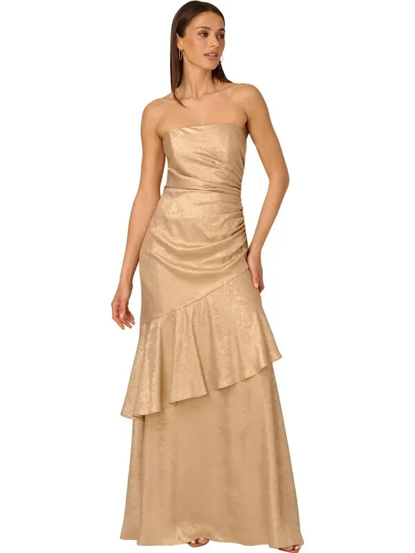 Adrianna Papell Strapless Foil Flounce Gown - Light Gold
