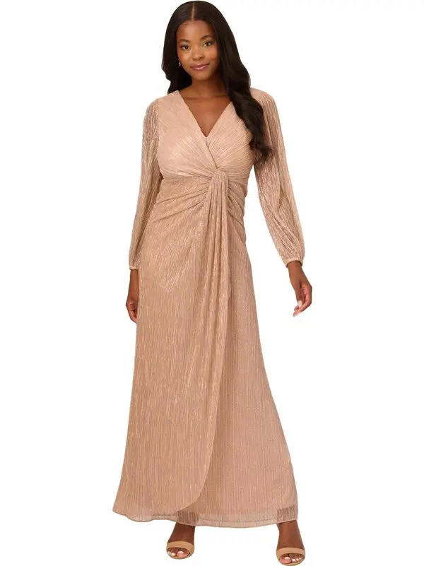Adrianna Papell Metallic Crinkled Mesh Draped Gown - Light Gold