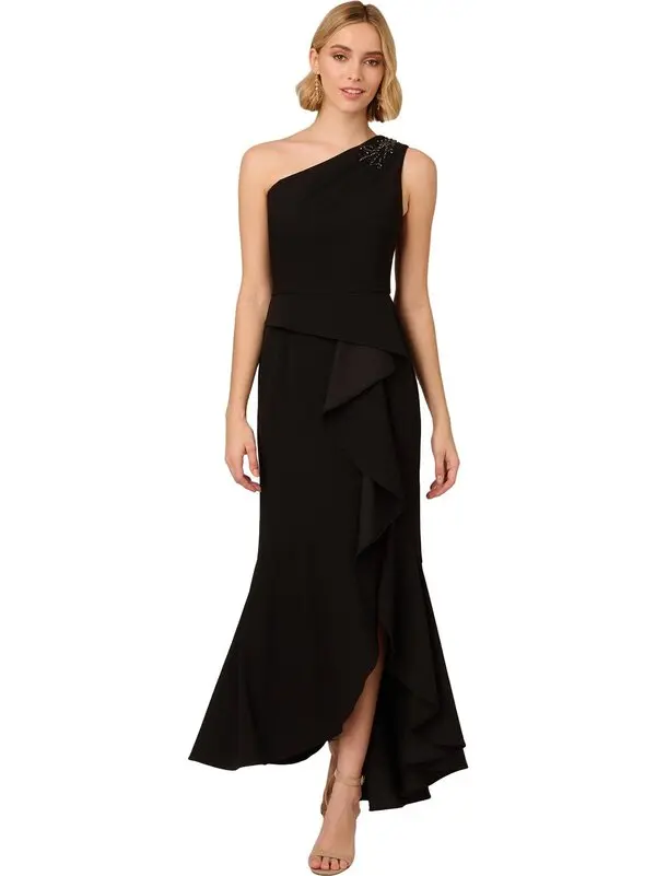 Adrianna Papell One-shoulder Ruffled Crepe Gown With Beaded Accent - Black