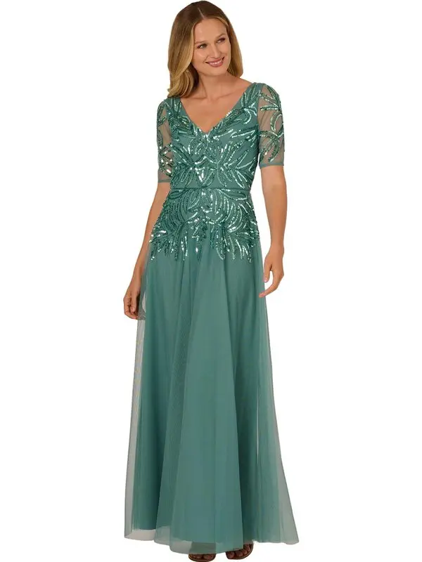 Adrianna Papell Beaded Mesh Long Dress - Green Slate