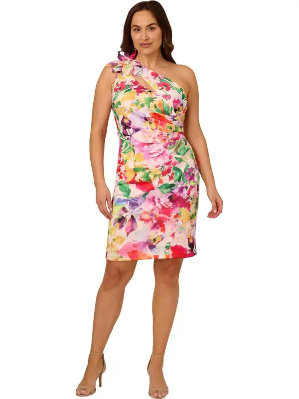Adrianna Papell One Shoulder Rosette Floral Sheath Dress - Pink Multi