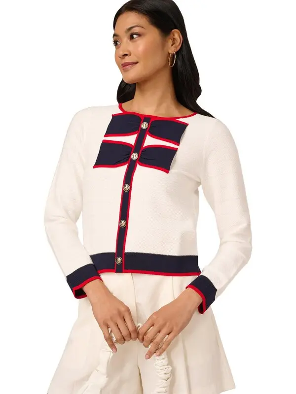 Adrianna Papell Long Sleeve Contrast Tipped Bow Sweater - Ivory/navy/red
