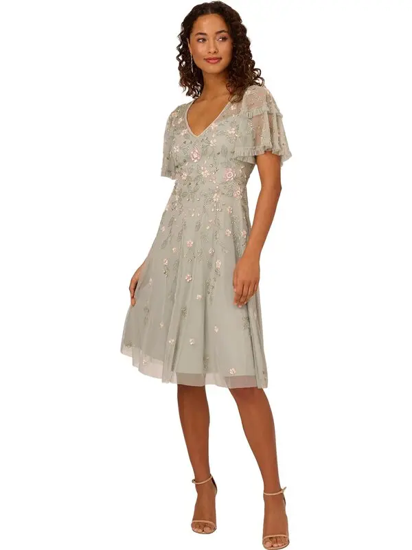 Adrianna Papell Beaded Floral Midi Dress With Ruffled Sleeves - Frosted Sage