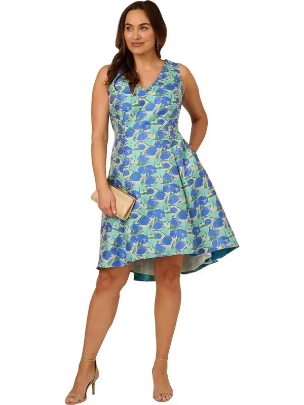 Adrianna Papell Sleeveless Tulip Jacquard Fit And Flare Midi Dress - Blue/green Multi