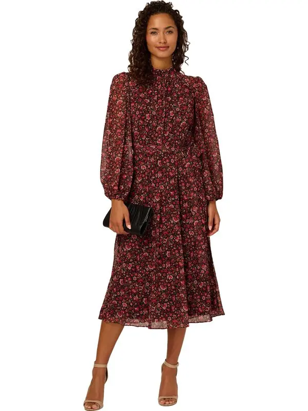 Adrianna Papell Floral Chiffon Midi Dress - Black Multi