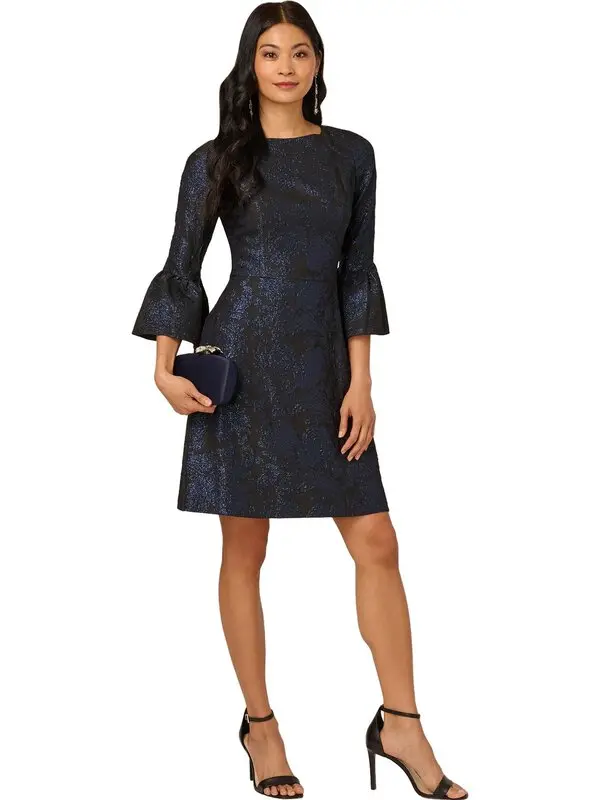 Adrianna Papell Three Quarter Bell Sleeve Jacquard A-line Dress - Navy/black