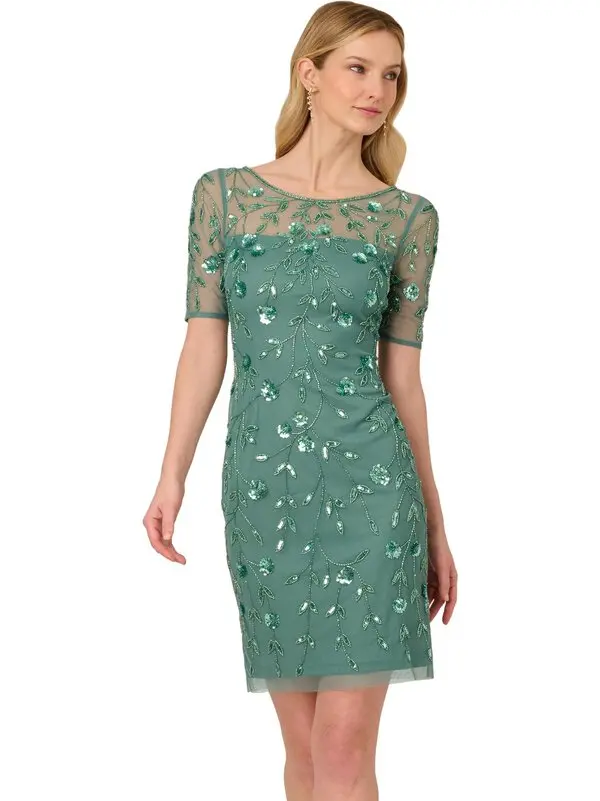 Adrianna Papell 3d Floral Beaded Sheath Dress - Green Slate