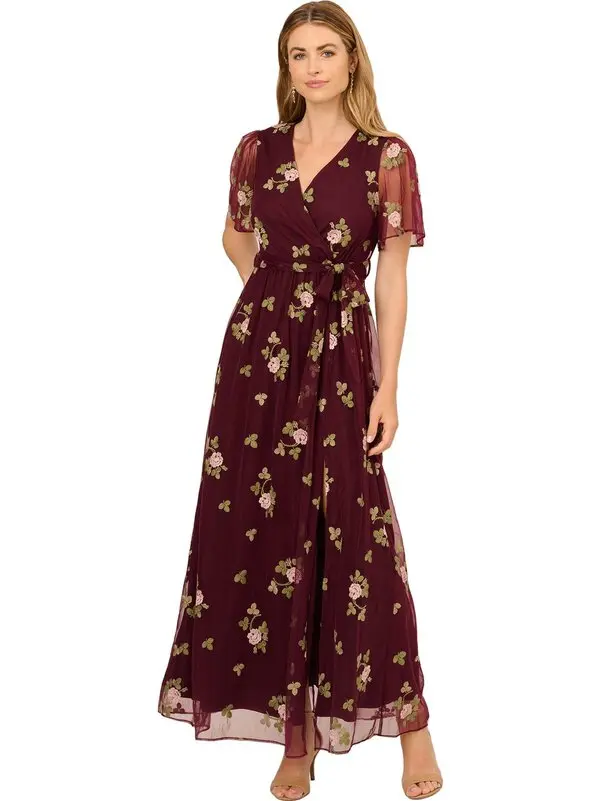 Adrianna Papell Floral Embroidered Maxi Dress With Flutter Sleeves - Burgundy Multi