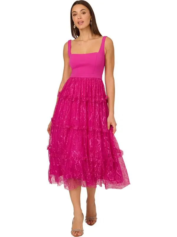 Adrianna Papell Sleeveless Square Neck Tiered Lace Midi Dress - Electric Passion