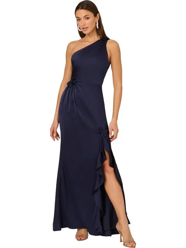 Adrianna Papell One-shoulder Floral Applique Gown - Dark Navy