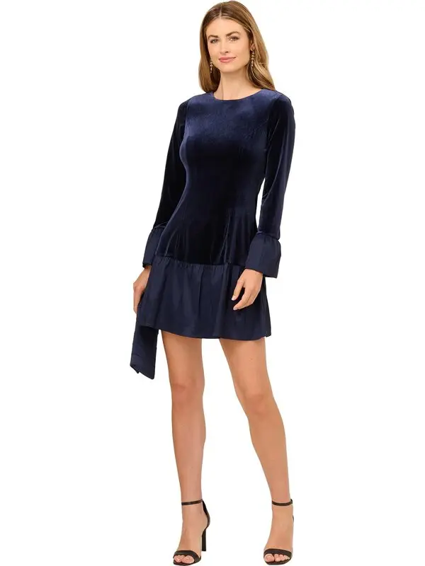 Adrianna Papell Long Sleeve Drop Waist Velvet Taffeta Mini Dress - Midnight