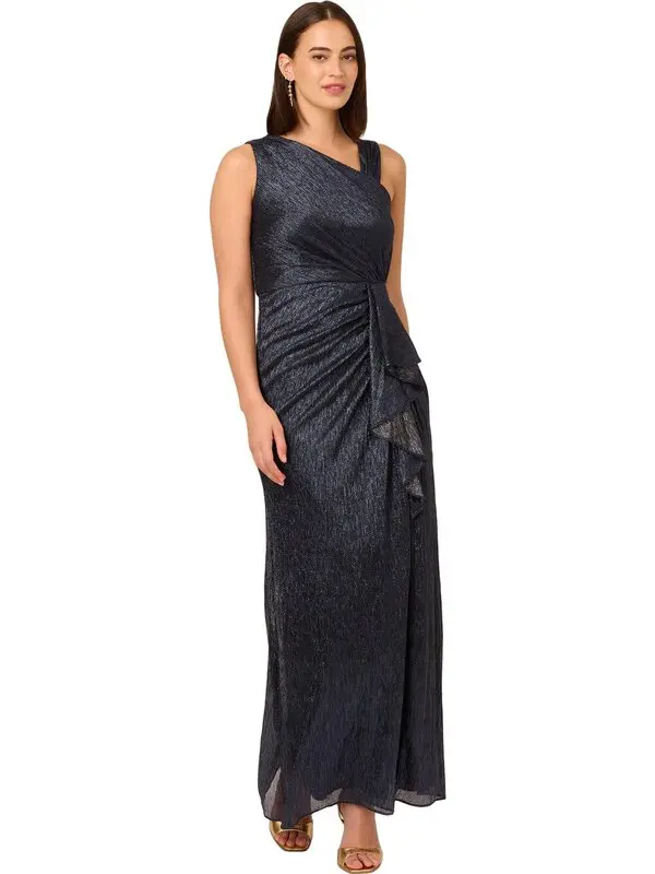 Adrianna Papell Draped Metallic Foil Long Gown - Navy