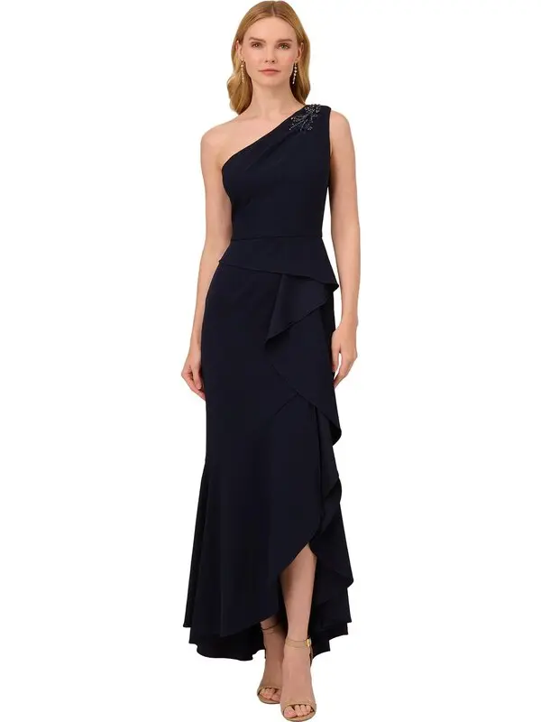 Adrianna Papell One-shoulder Ruffled Crepe Gown With Beaded Accent - Midnight