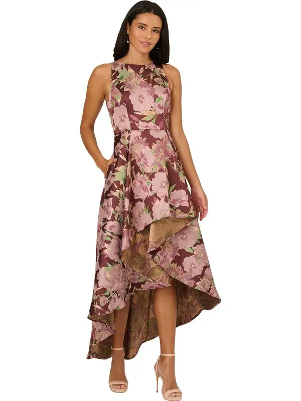 Adrianna Papell Sleeveless Floral Jacquard High-low Gown - Burgundy Multi