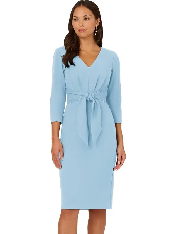 Adrianna Papell Pleated Midi Dress With Tie Waist And 3/4 Sleeves - Blue Mist