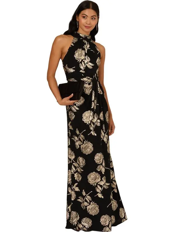 Adrianna Papell Metallic Rose Floral Halter Gown - Black/gold