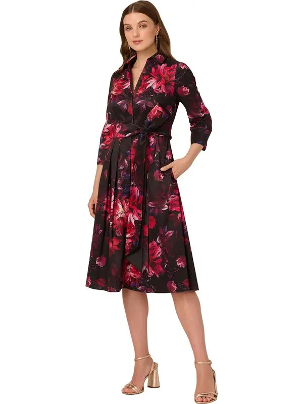 Adrianna Papell Floral Taffeta Shirt Dress With 3/4 Sleeves - Black Multi