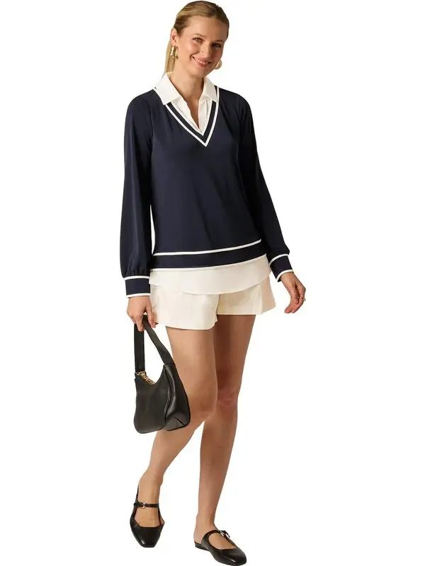 Adrianna Papell Collared Twofer Tipped Sweater - Navy/ivory W/ Ivory