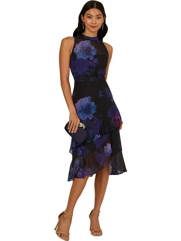 Adrianna Papell Sleeveless Glitter Floral Ruffle Midi Dress - Black Multi