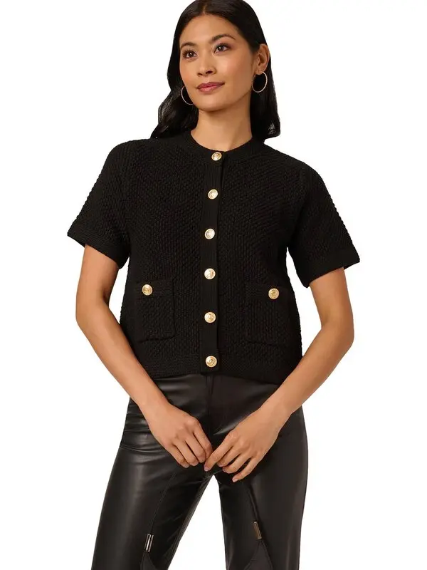 Adrianna Papell Short Sleeve Textured Cardigan Sweater - Black