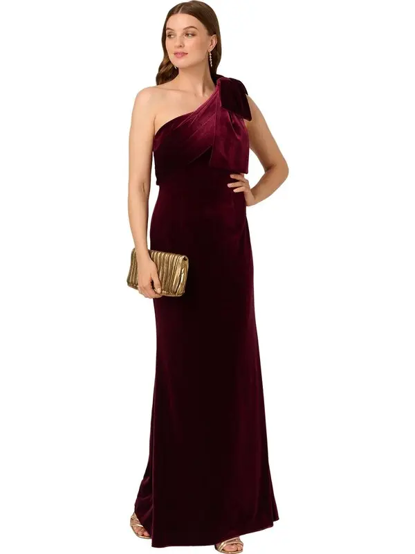 Adrianna Papell One-shoulder Velvet Bow Gown - Bordeaux