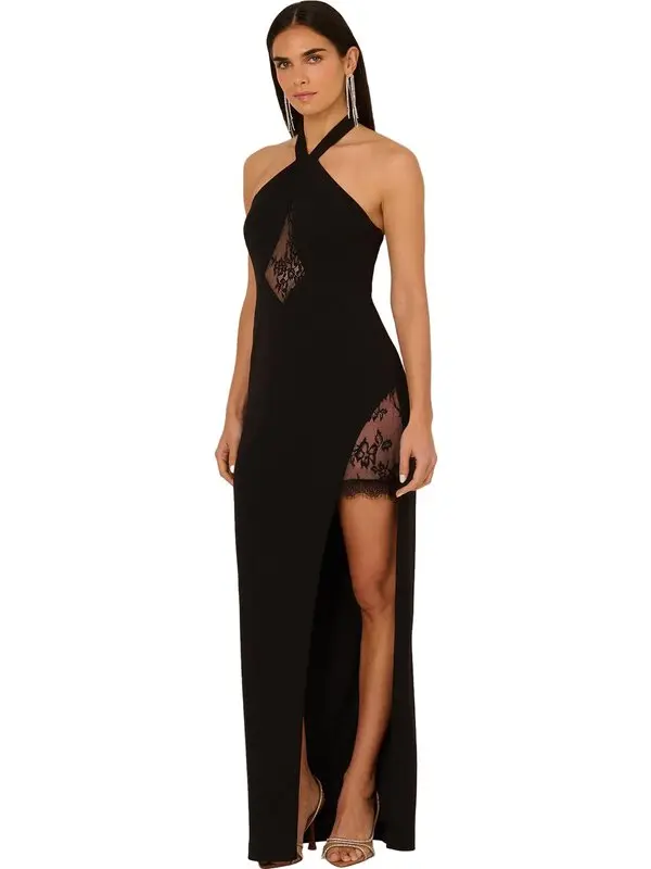 Adrianna Papell Lace Panel Cutout Halter Gown - Black
