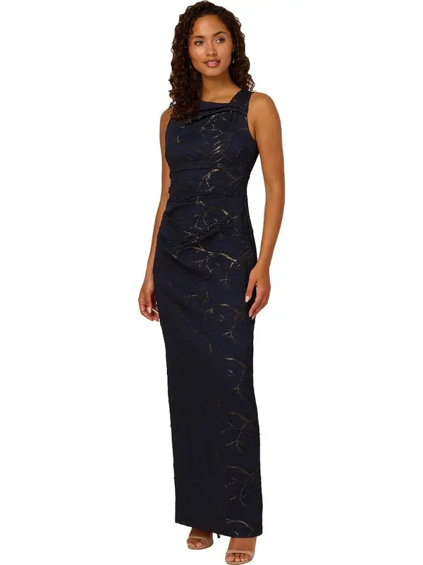 Adrianna Papell Sleeveless Jacquard Column Gown - Navy