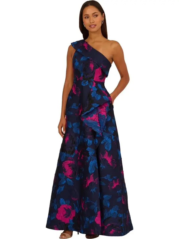 Adrianna Papell Floral Jacquard One-shoulder Gown - Navy/orchid