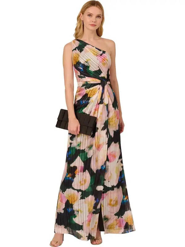 Adrianna Papell Floral Print Chiffon One Shoulder Gown - Black/blush Multi