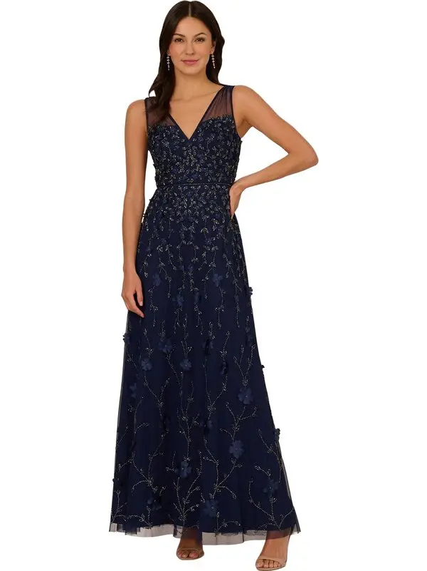 Adrianna Papell Sleeveless Illusion 3d Petal Beaded Gown - Light Navy