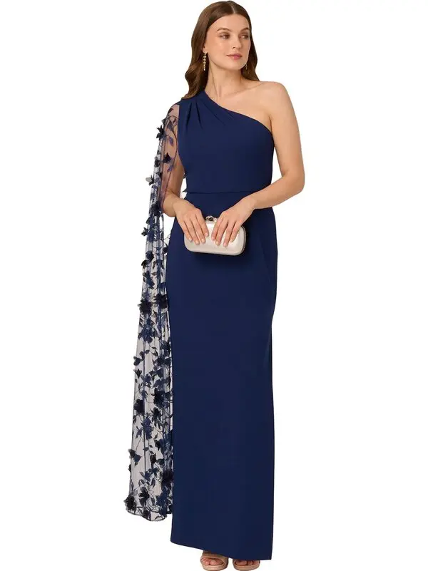 Adrianna Papell One Shoulder Floral Cape Sleeve Gown - Navy Sateen