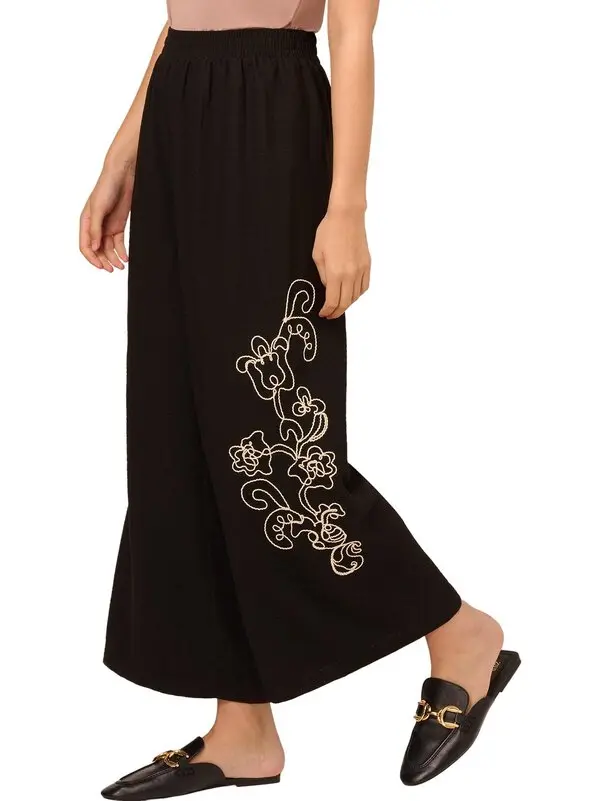 Adrianna Papell Wide Leg Floral Embroidered Pants - Black/cream