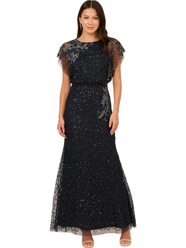 Adrianna Papell Short Sleeve Beaded Floral Embroidery Gown - Midnight Multi