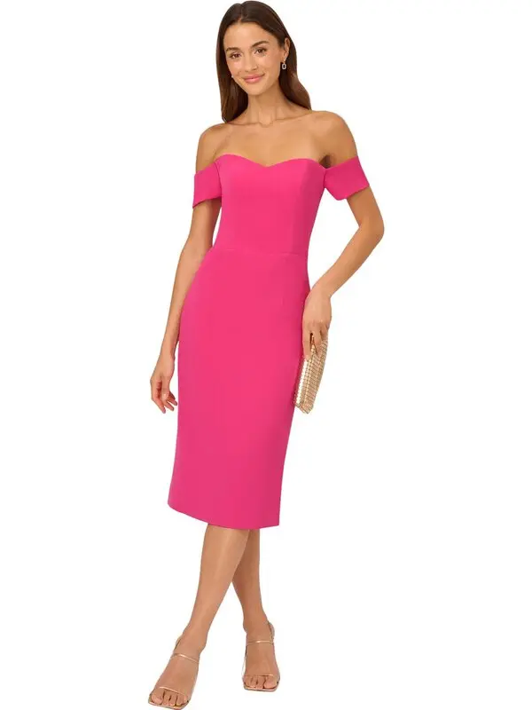 Adrianna Papell Off-the-shoulder Midi Dress With Sweetheart Neckline - Brilliant Fuchsia