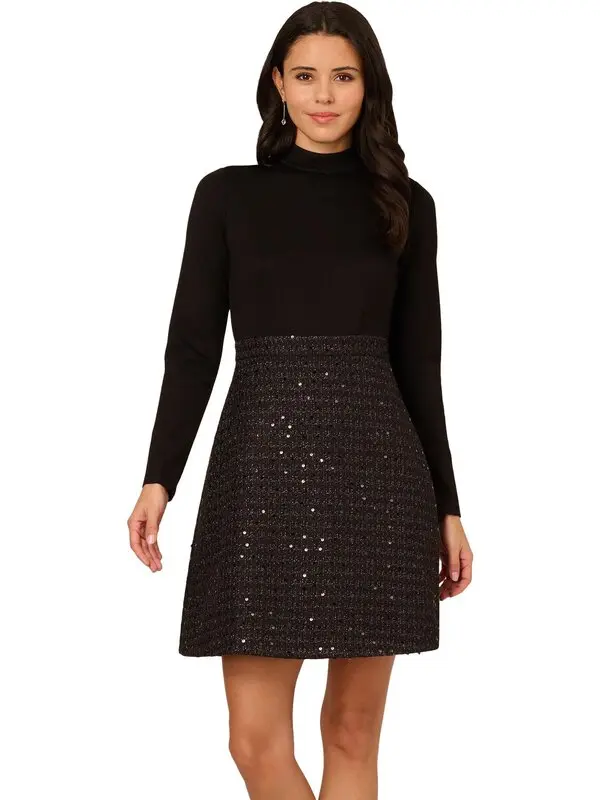 Adrianna Papell Long Sleeve Sequin Tweed Combo Dress - Black