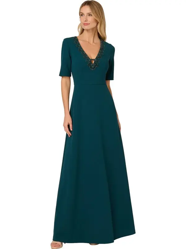 Adrianna Papell Short Sleeve Beaded Keyhole Maxi Gown - Hunter