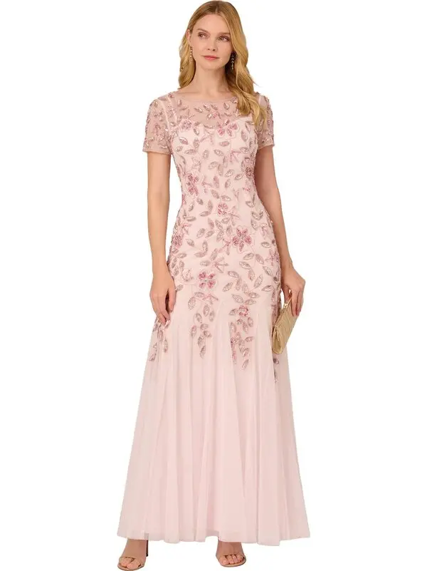 Adrianna Papell Hand-beaded Floral Godet Gown - Blush Pink