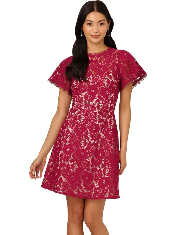Adrianna Papell Short Sleeve Lace Illusion Dress - Light Wine