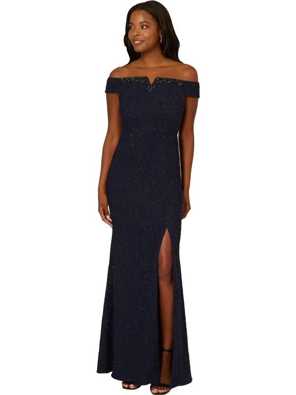 Adrianna Papell Beaded Off-the-shoulder Glitter Tweed Gown - Navy