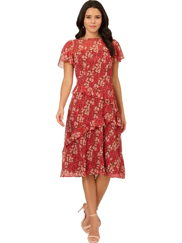 Adrianna Papell Flutter Sleeve Floral Chiffon Midi Dress - Mocha Multi