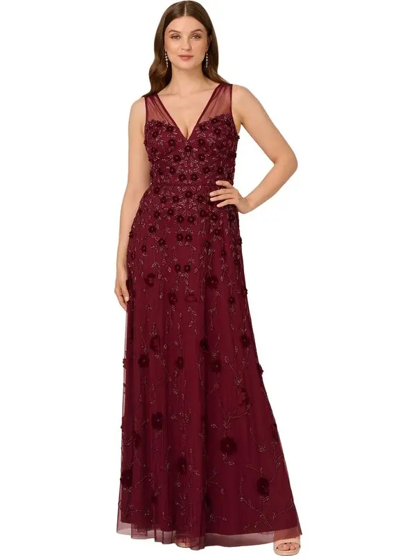 Adrianna Papell Velvet Floral Beaded Gown With Sheer Tank Straps - Mahogany