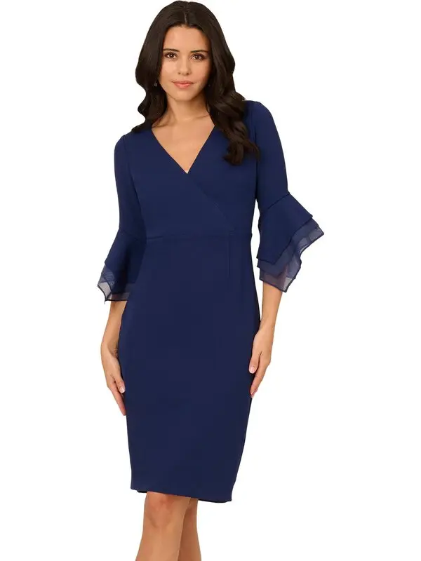 Adrianna Papell Three Quarter Bell Sleeve Sheath Midi Dress - Navy Sateen