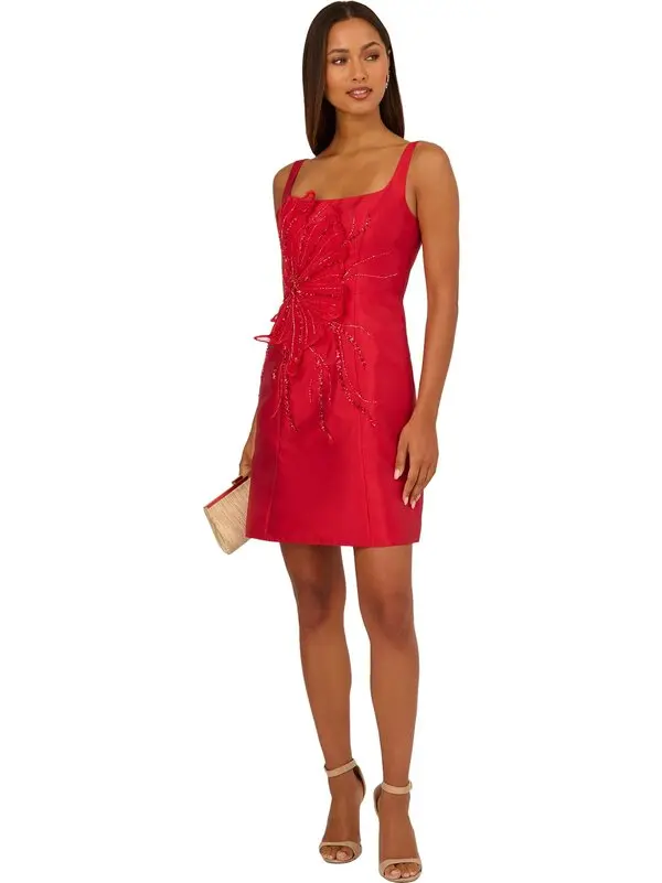 Adrianna Papell Sleeveless 3d Floral Beaded Cocktail Dress - Red