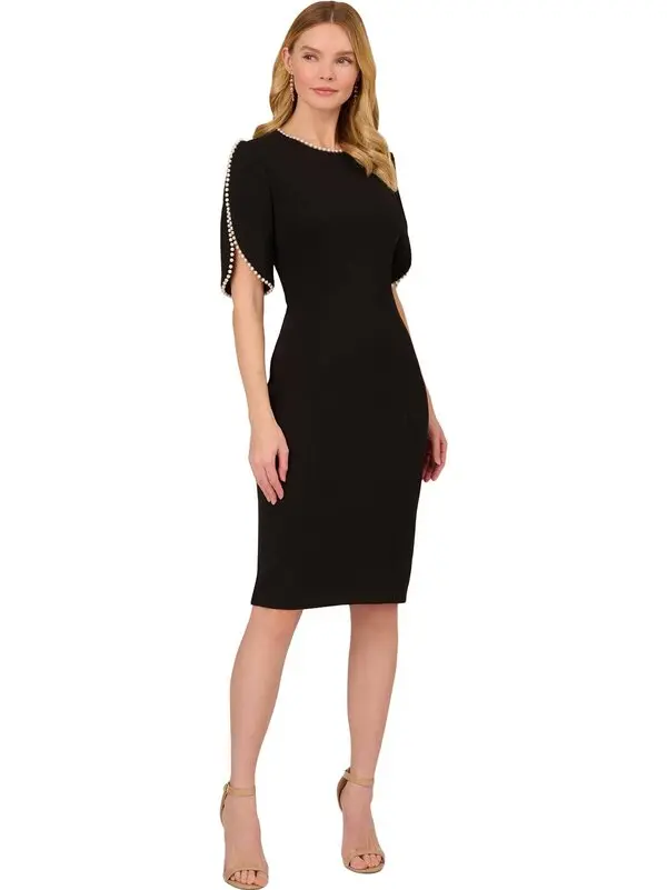 Adrianna Papell Crepe Sheath Dress With Pearly Trim - Black