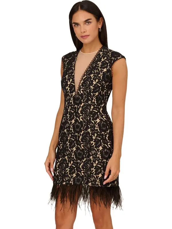 Adrianna Papell Cap Sleeve Lace Cocktail Dress With Feather Trim - Black/nude