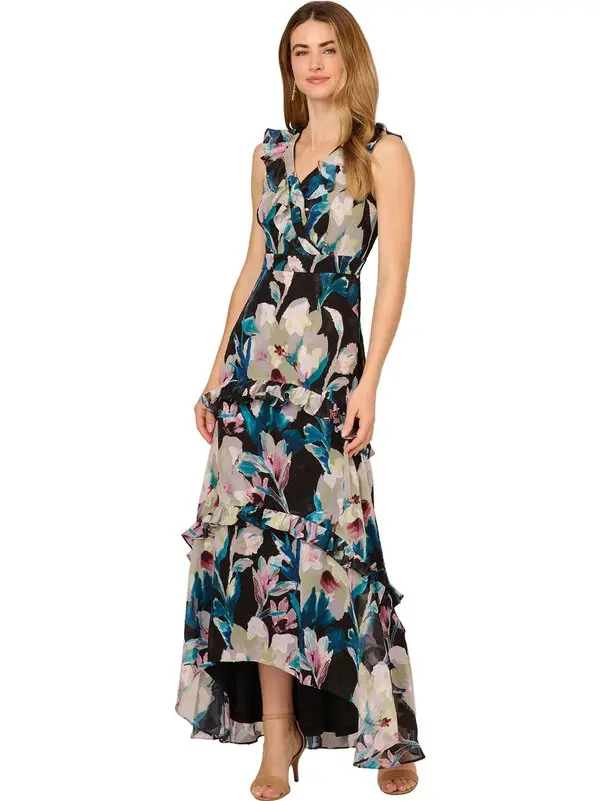 Adrianna Papell Sleeveless Floral Chiffon High-low Ruffle Gown - Black Multi