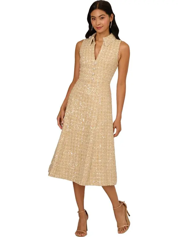 Adrianna Papell Collared Sequin Tweed Midi Dress - Champagne