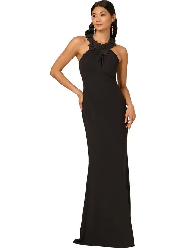 Adrianna Papell Floral Embellished Crossover Halter Gown - Black