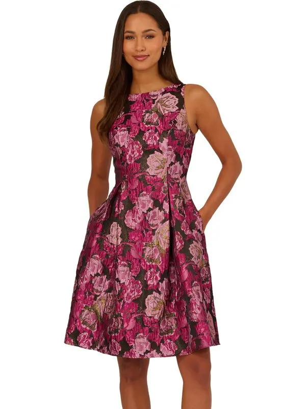 Adrianna Papell Rose Jacquard Envelope Back Midi Dress - Pink/black Multi